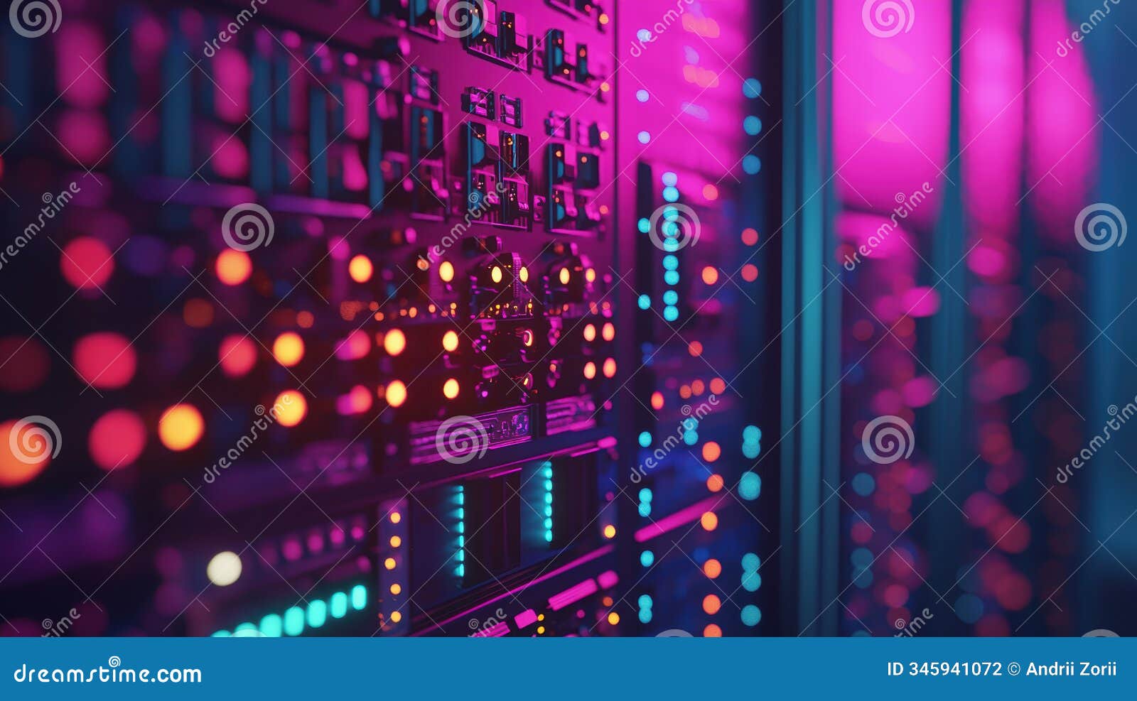 Data Center Server Front Panel with Blinking LED Lights in Focus Stock ...