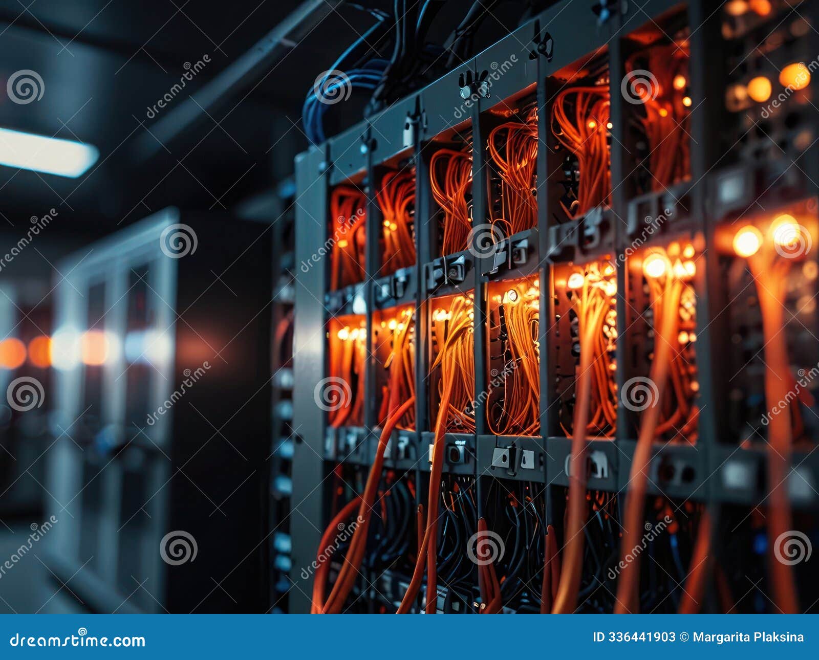 Data Center Server with Glowing Orange Cables and Advanced Network ...