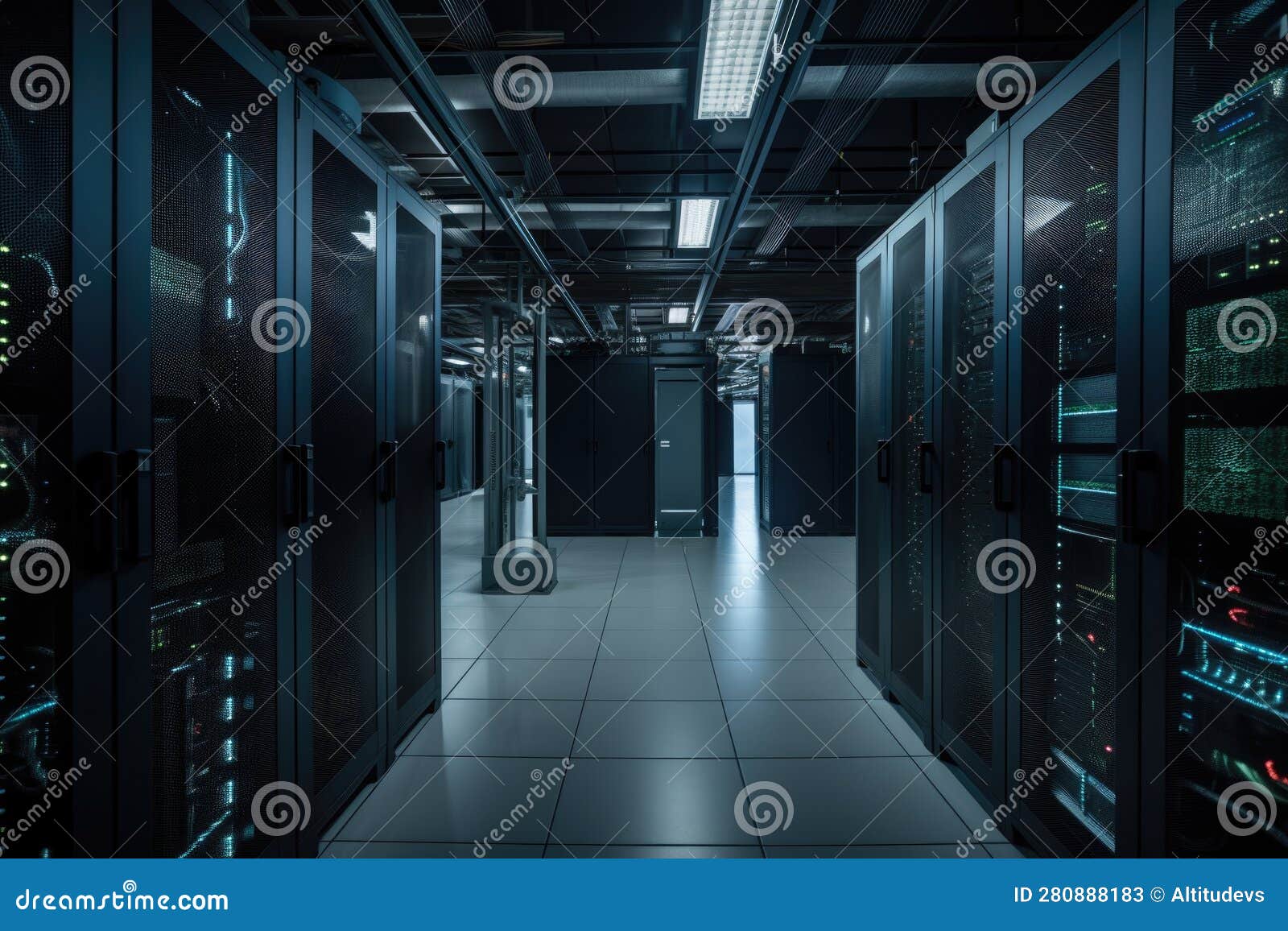 Data Center with Server Racks and Blinking Lights, Showing the Inner ...
