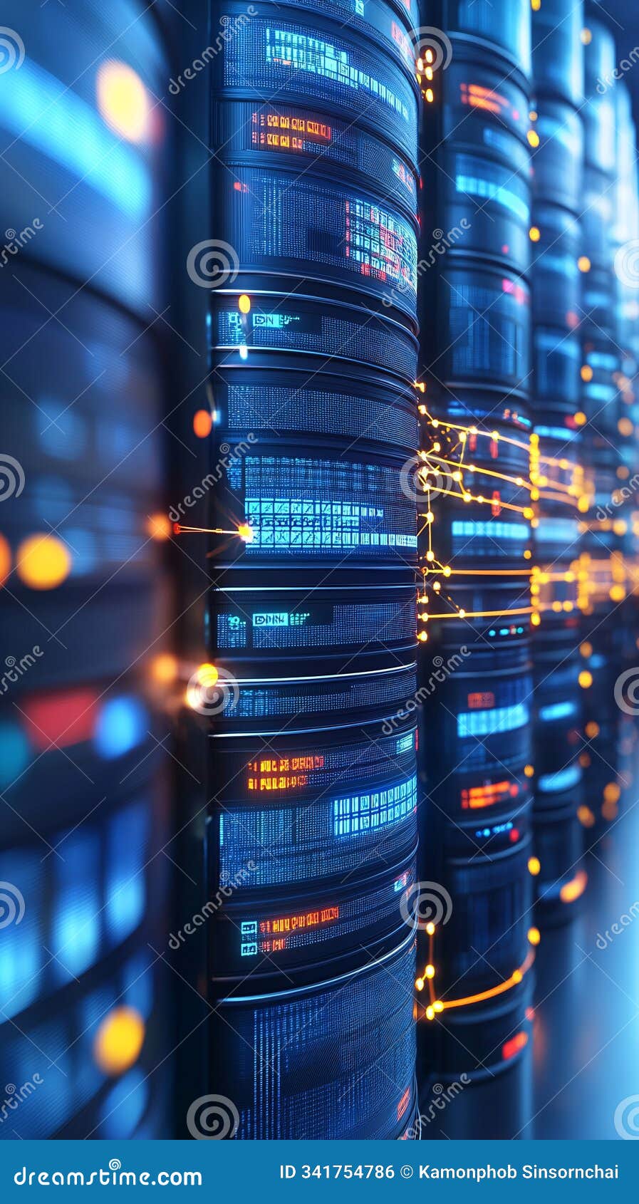 Data Center Server Racks with Glowing Lights and Data Streams Stock ...