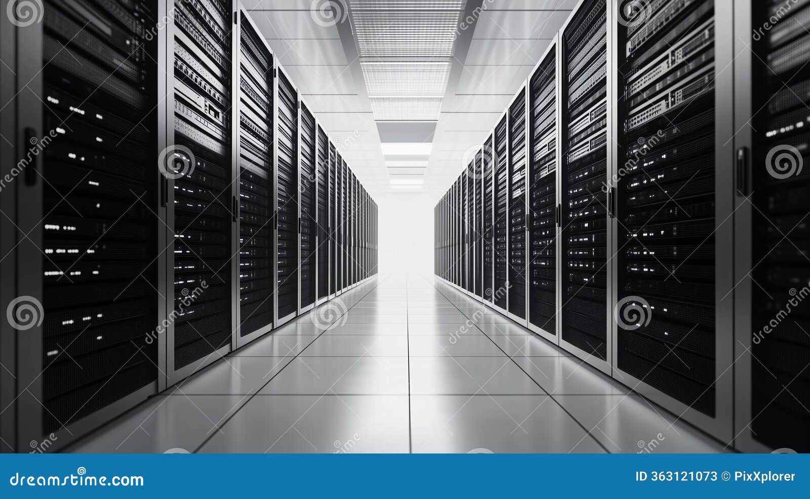 A Data Center Server Room Features Rows of Black Server Racks on Both ...