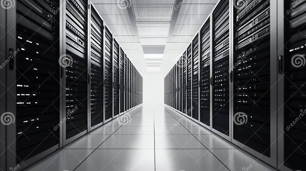 A Data Center Server Room Features Rows of Black Server Racks on Both ...