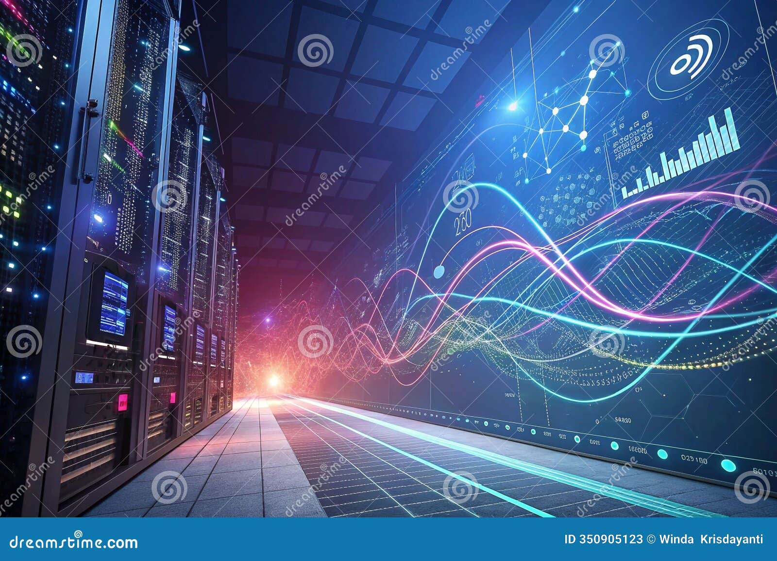 Data Center Server Room with Futuristic Holographic Data Visualization ...