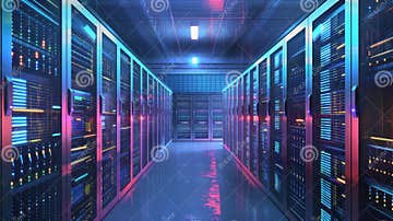Data Center Server Room with Multiple Rows of Computer Racks. Server ...