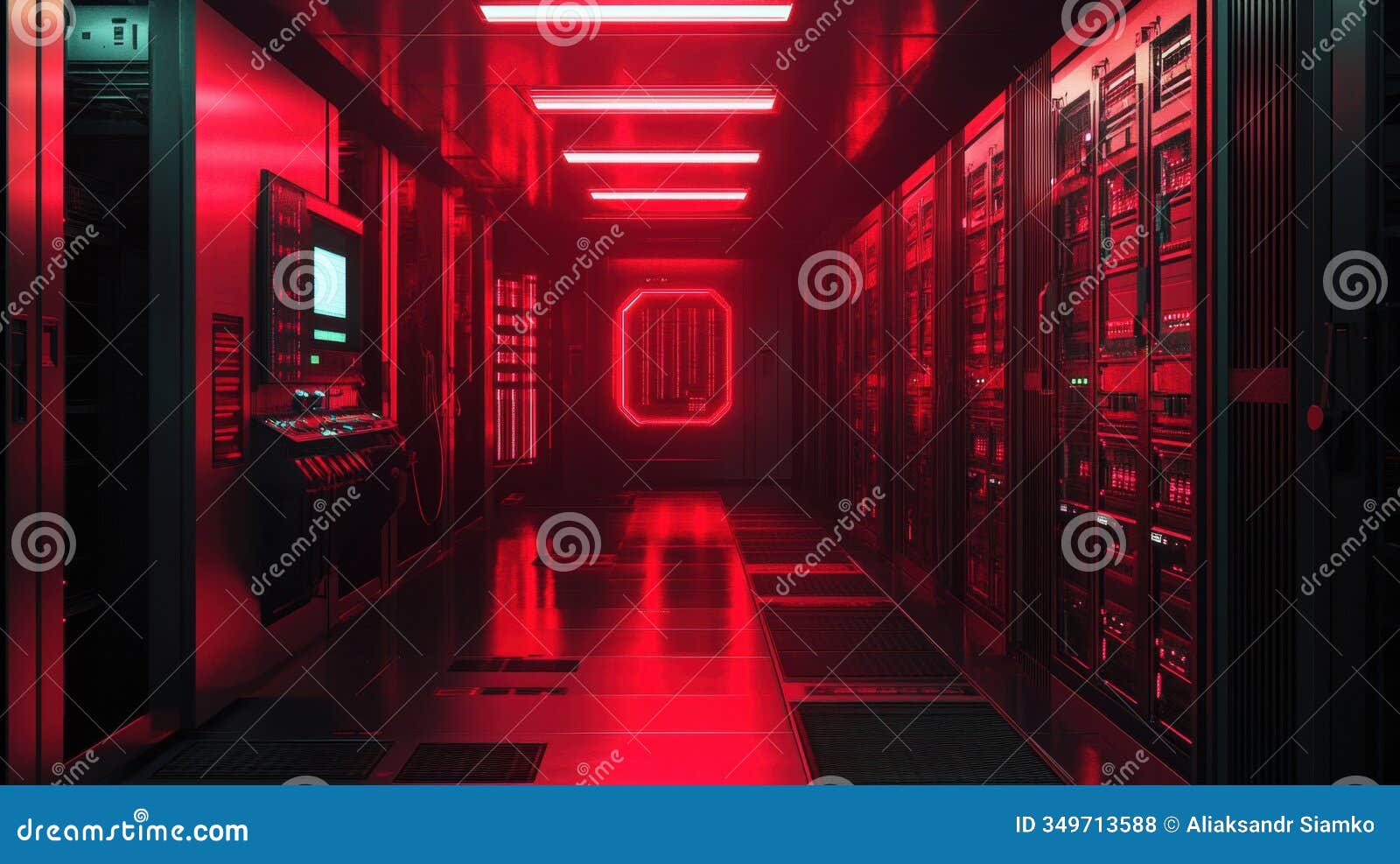 Data Center Server Room with Red Lighting Indicating Activity Stock ...