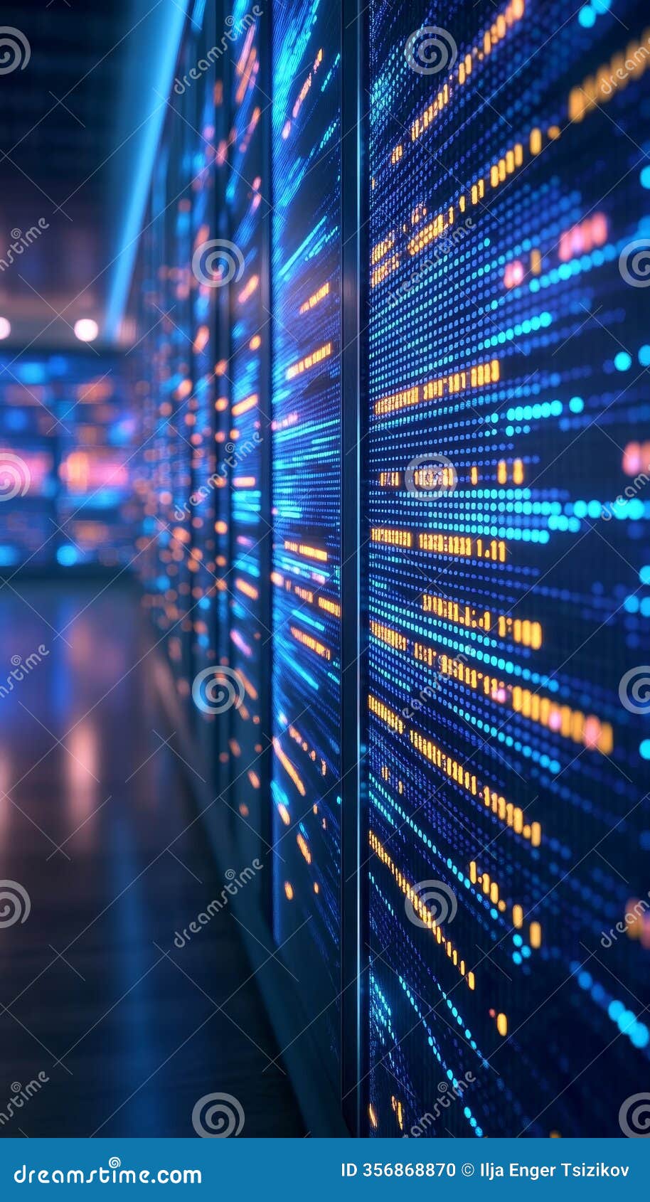 Data Center Servers Glowing with Blue, Streaming Code Data, Technology ...
