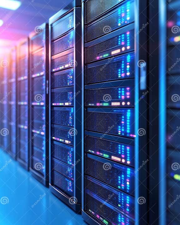 Data Center Servers with Network Connections and LED Lights Stock ...