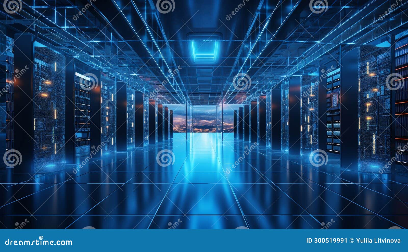 A Data Center with Servers in Room, a Digital Internet Stream, and a ...