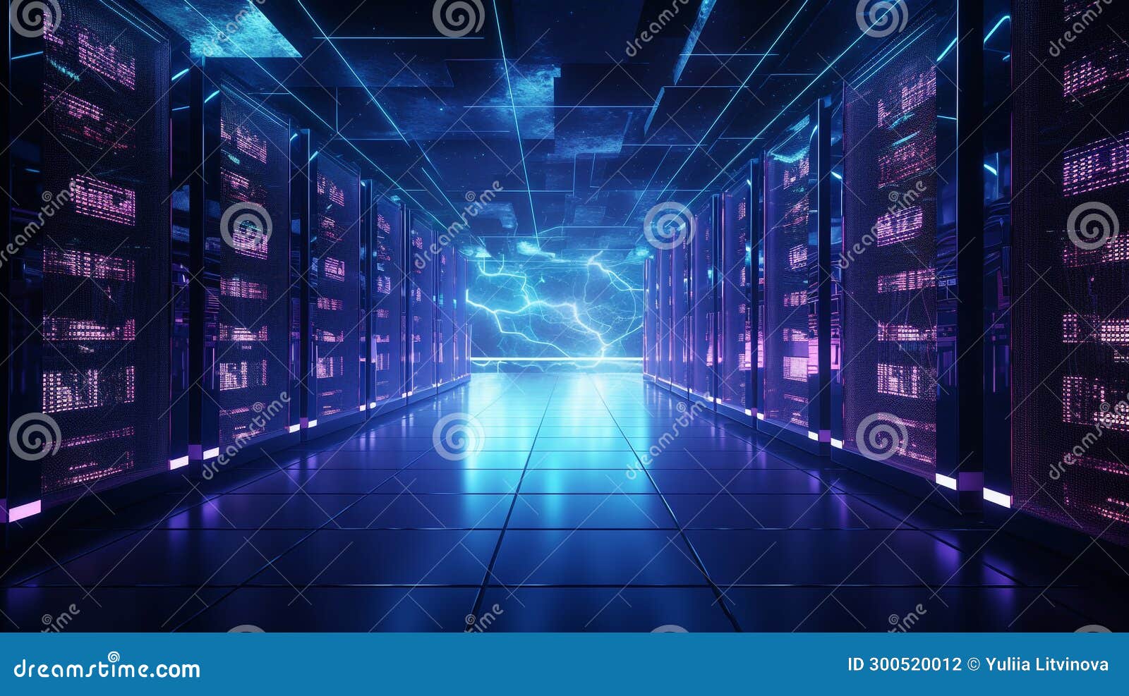 A Data Center with Servers in Room, a Digital Internet Stream, and a ...