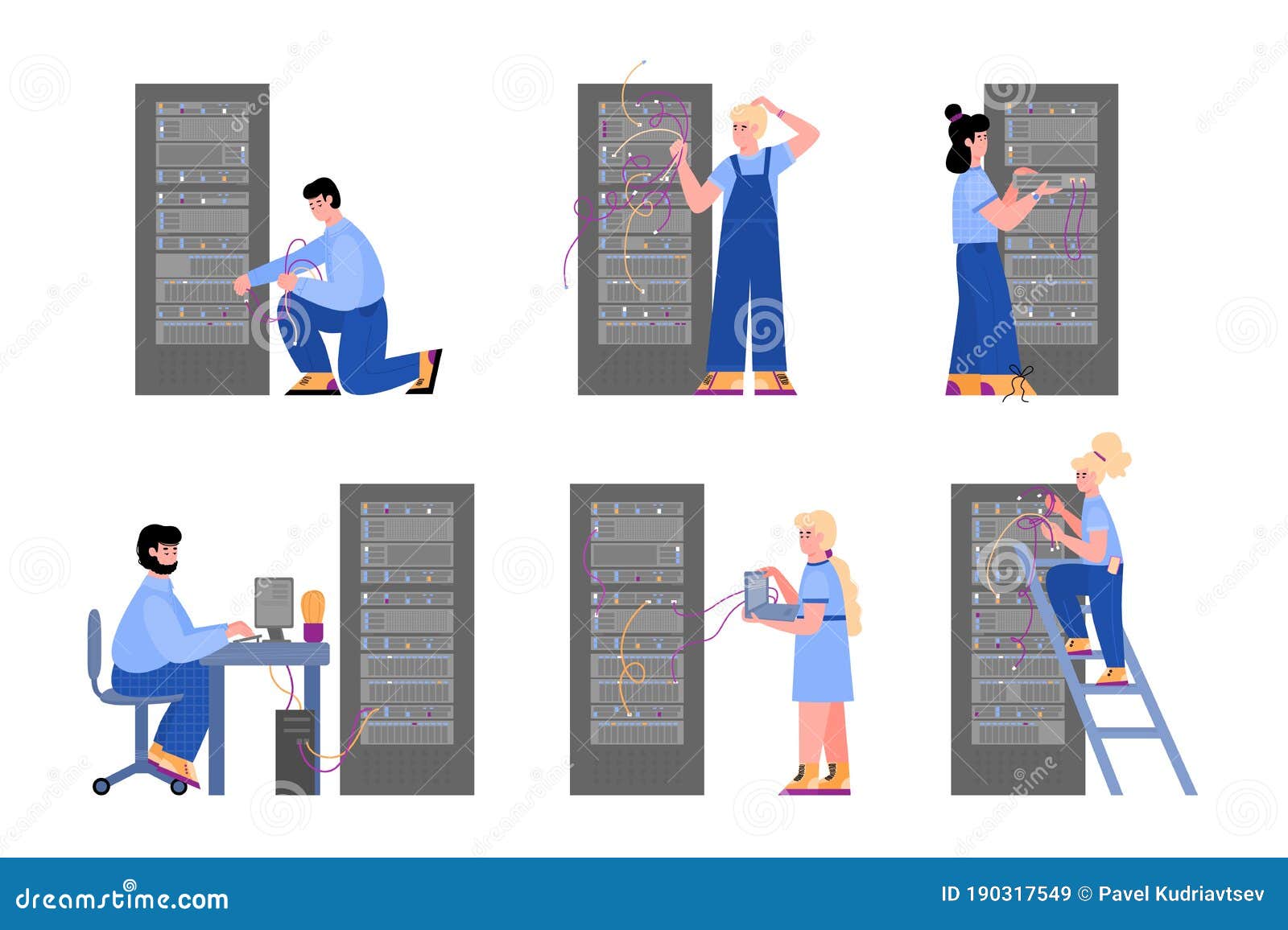 Data Center Servers and Staff Set of Cartoon Vector Illustrations ...