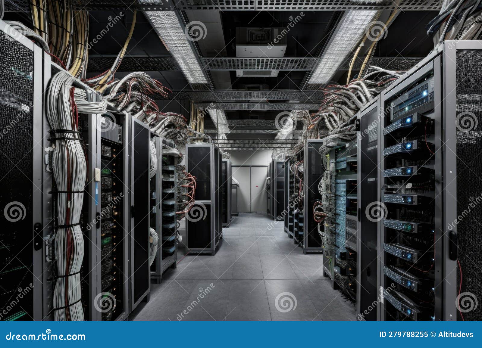 Data Center with Shelves Full of Server Hardware, Cables in Sight Stock ...