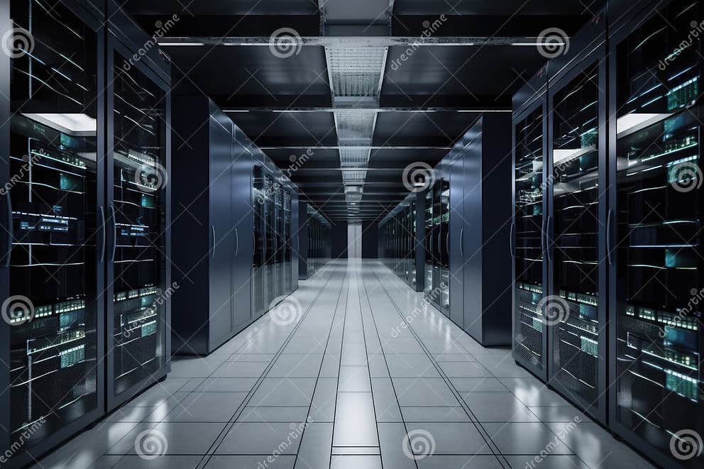 Data Center with Shelves of Servers and Processors, Cloud Storage and ...