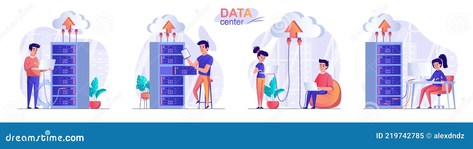 Data Center Support Concept Scenes Set. Engineers Work in Server Room ...