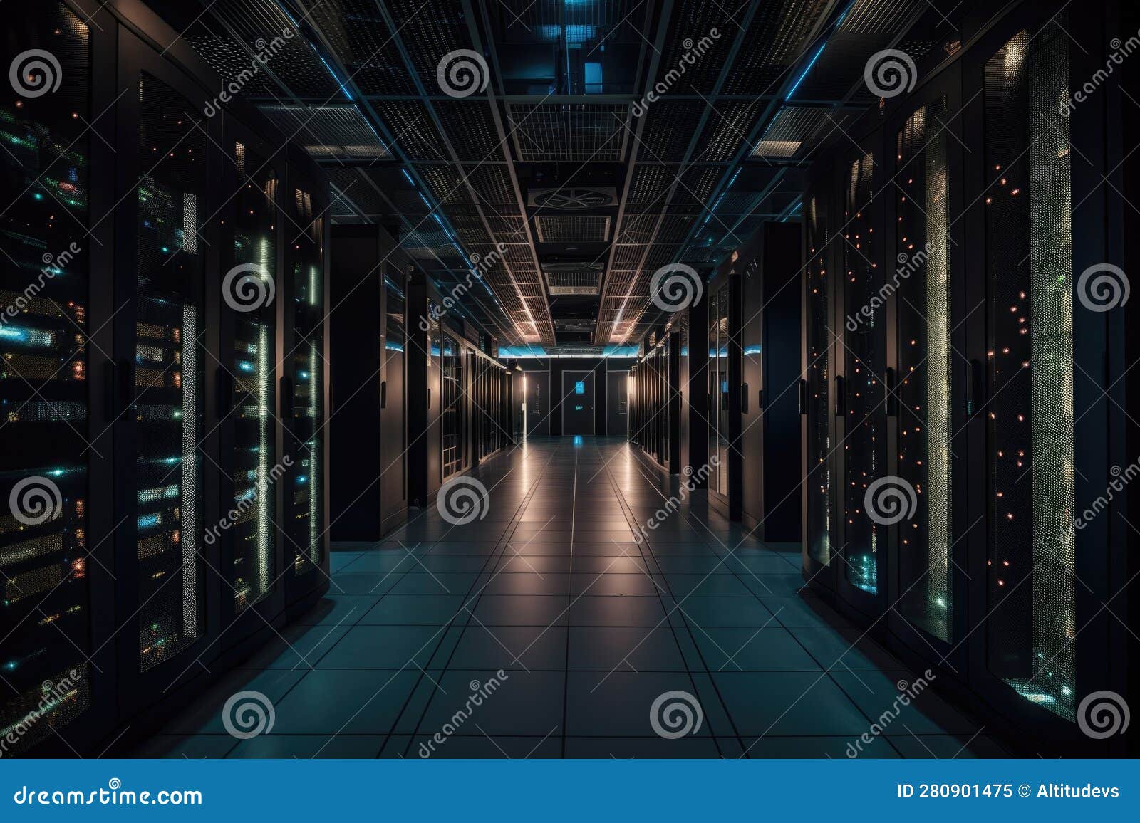 Data Center with Tall Racks of Servers and Buzzing Lights Stock ...