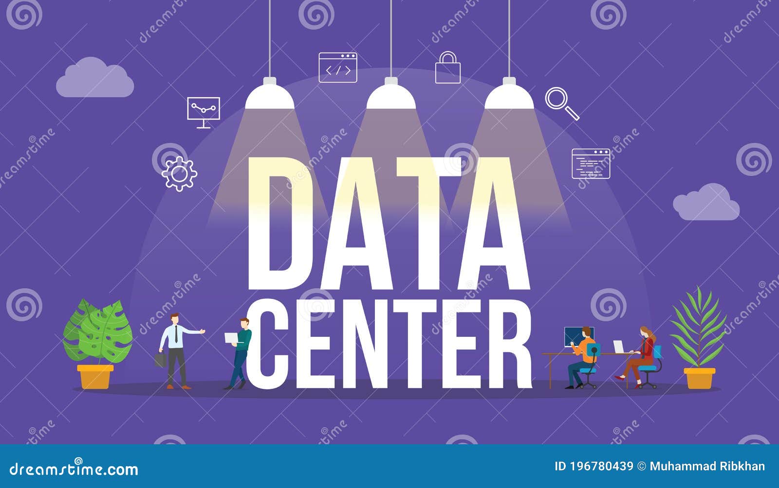 Data Center Technology Concept with People and Big Text Word and ...