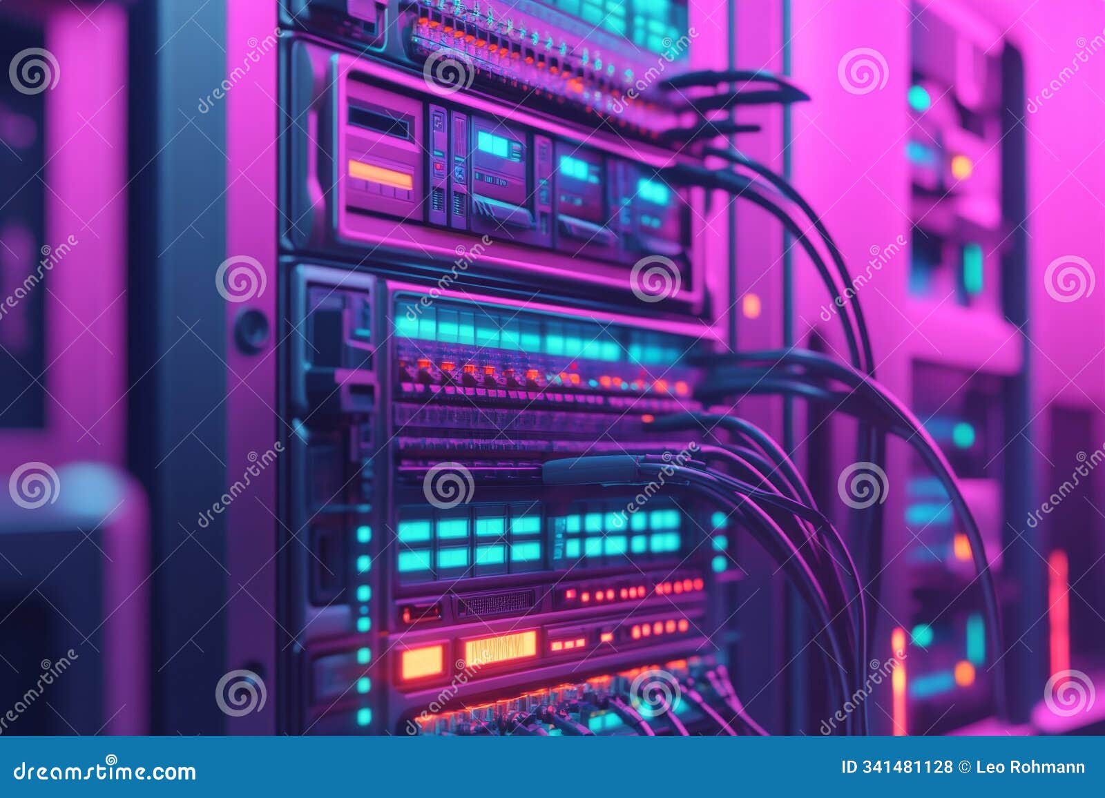 Data Center with Vibrant Purple and Blue Network Lights Visualizing ...