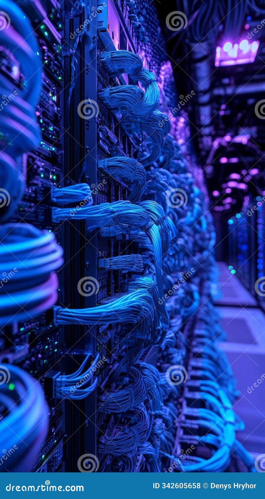A Data Center Vibrantly Lit with Purple and Blue Tones, Featuring Rows ...