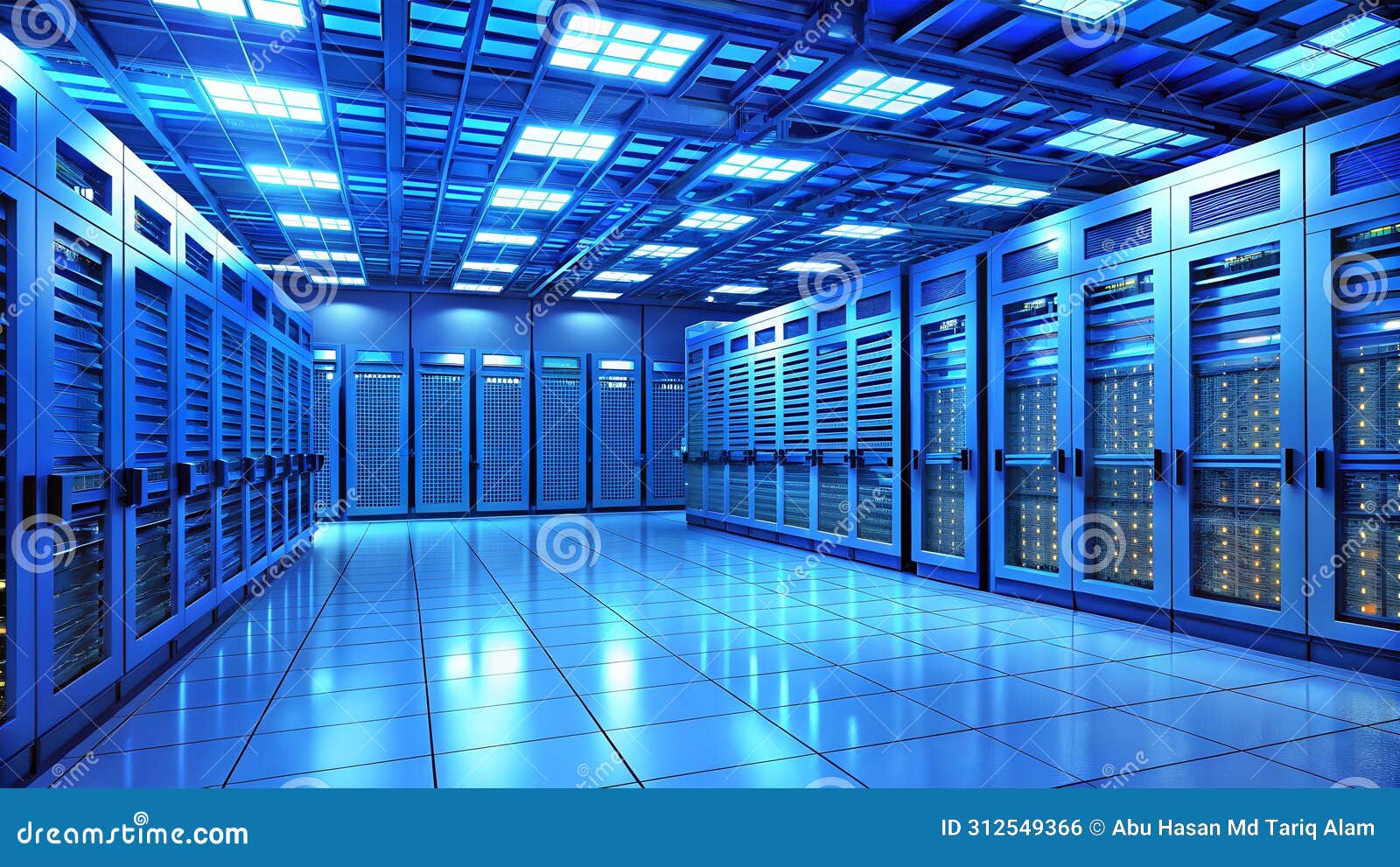 A Datacenter Server Room Featuring a Blue Themed Interior Design Stock ...