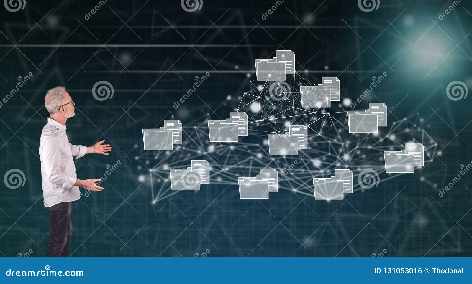 A Data Connection Concept Explained by a Businessman on a Wall Screen ...