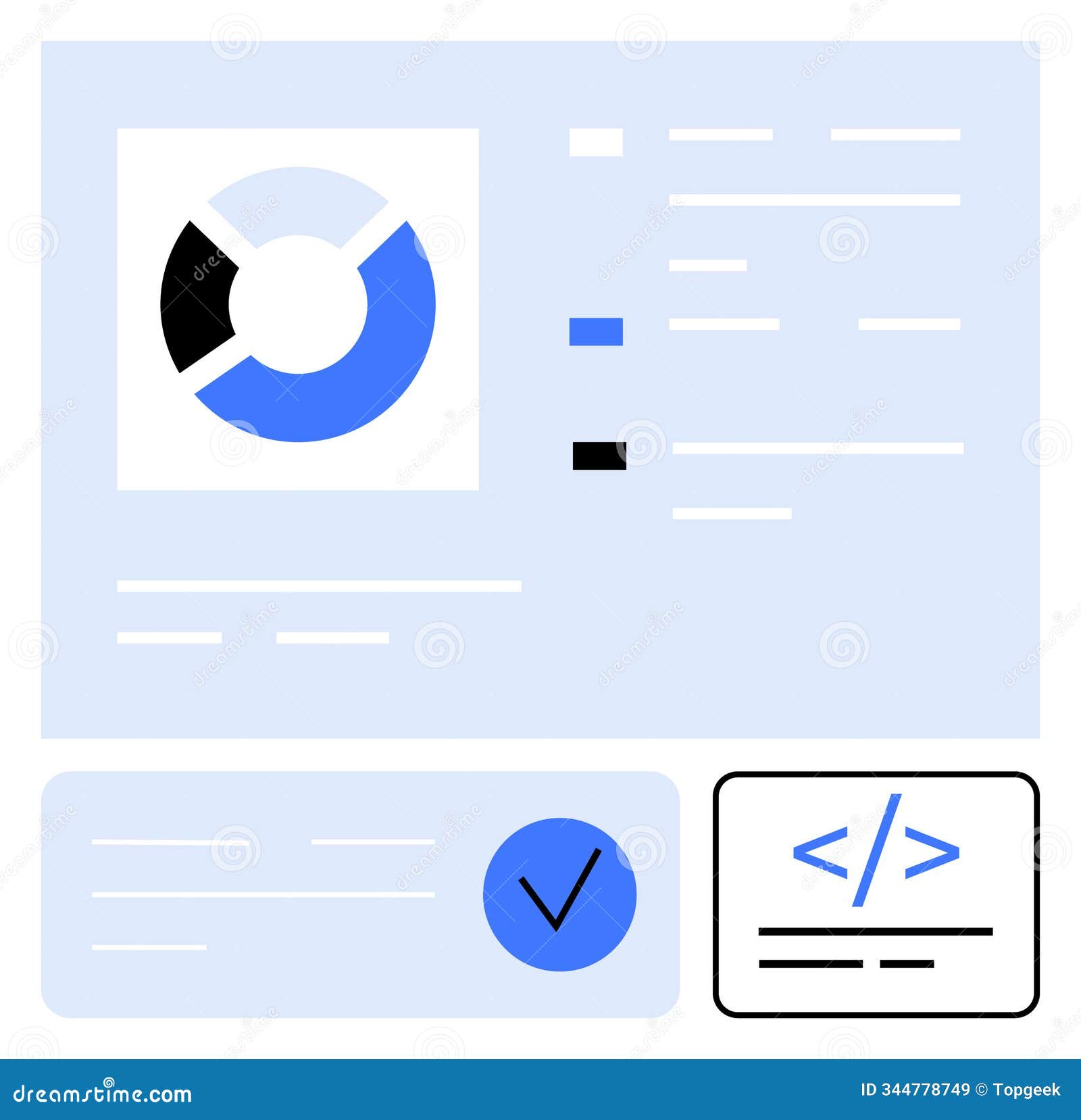 Data Dashboard Showing Financial Metrics, Graphs, Pie Chart, And Checklist, In Blue And White ...