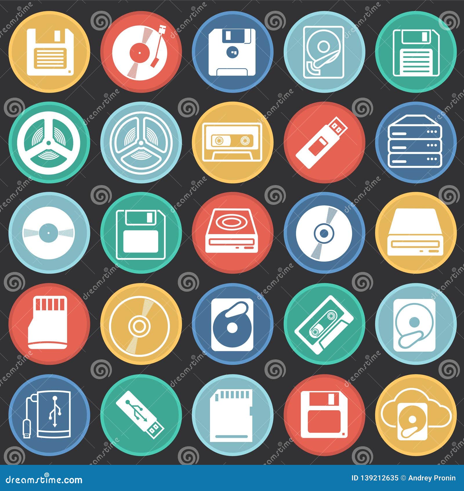 Data Device Icons Set on Color Circles Black Background for Graphic and ...