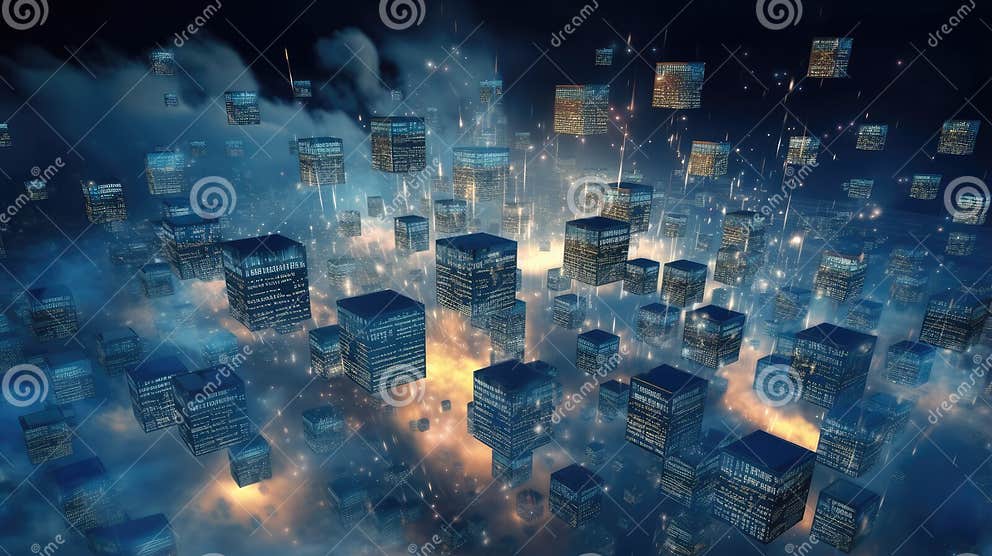 Data Floating in a Digital Cloud, Accessed by Devices on the Ground, Visualizing the Concept of ...