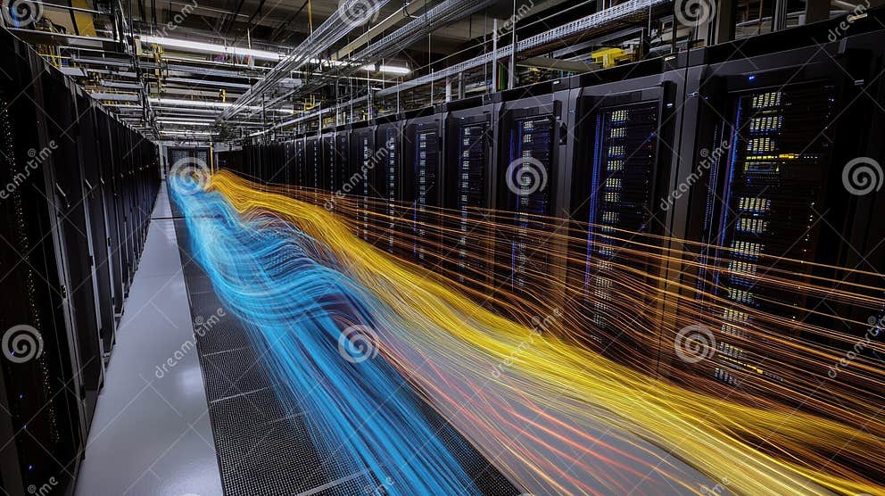 Data Flowing through Servers in Data Center with Light Trails Stock ...