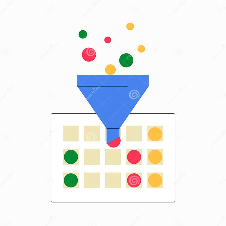 Data Funnel with Colored Dots in Flat Vector Illustration Symbolizing ...