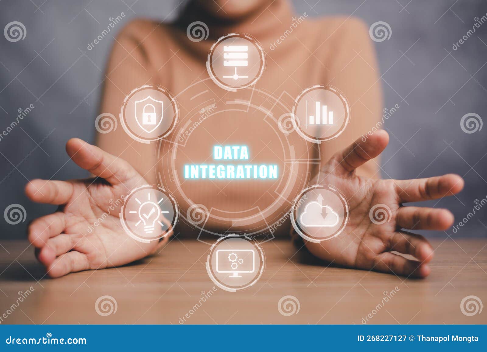 Person Hand Holding Data Integration Icon on Virtual Screen Stock Image ...