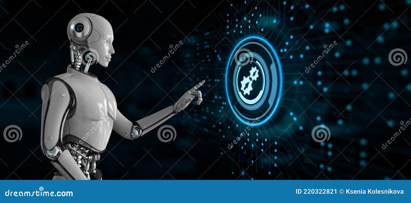 Data Integration Concept. Robot Pressing Button on Screen 3d Render Stock Illustration ...