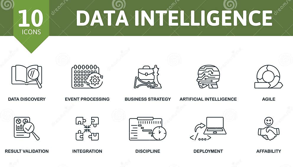 Data Intelligence Thin Line Icon Set. Data Discovery, Event Processing ...