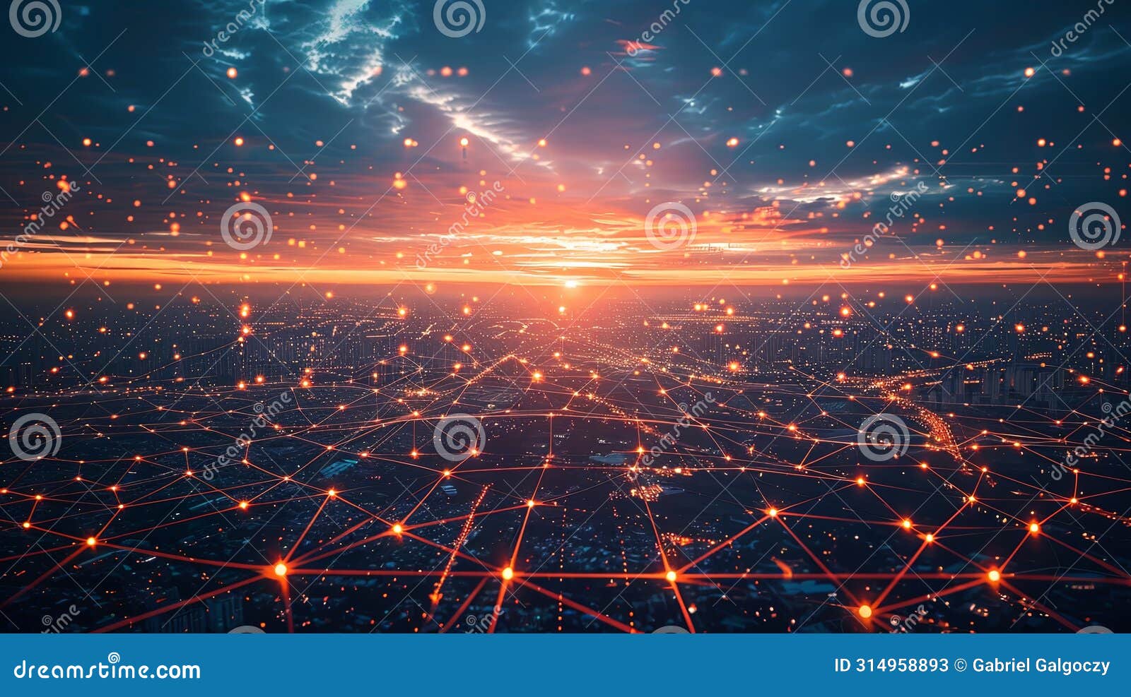 Data Link at Night from Above City Skyline with Light Grid Concept of ...