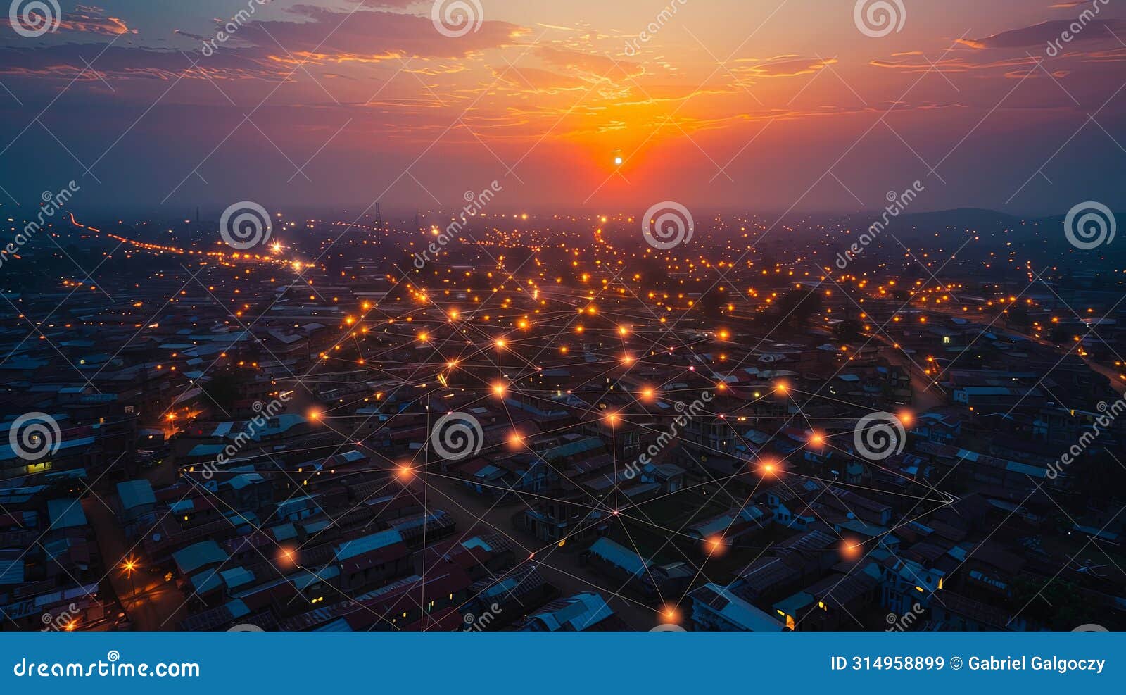 Data Link at Night from Above City Skyline with Light Grid Concept of ...