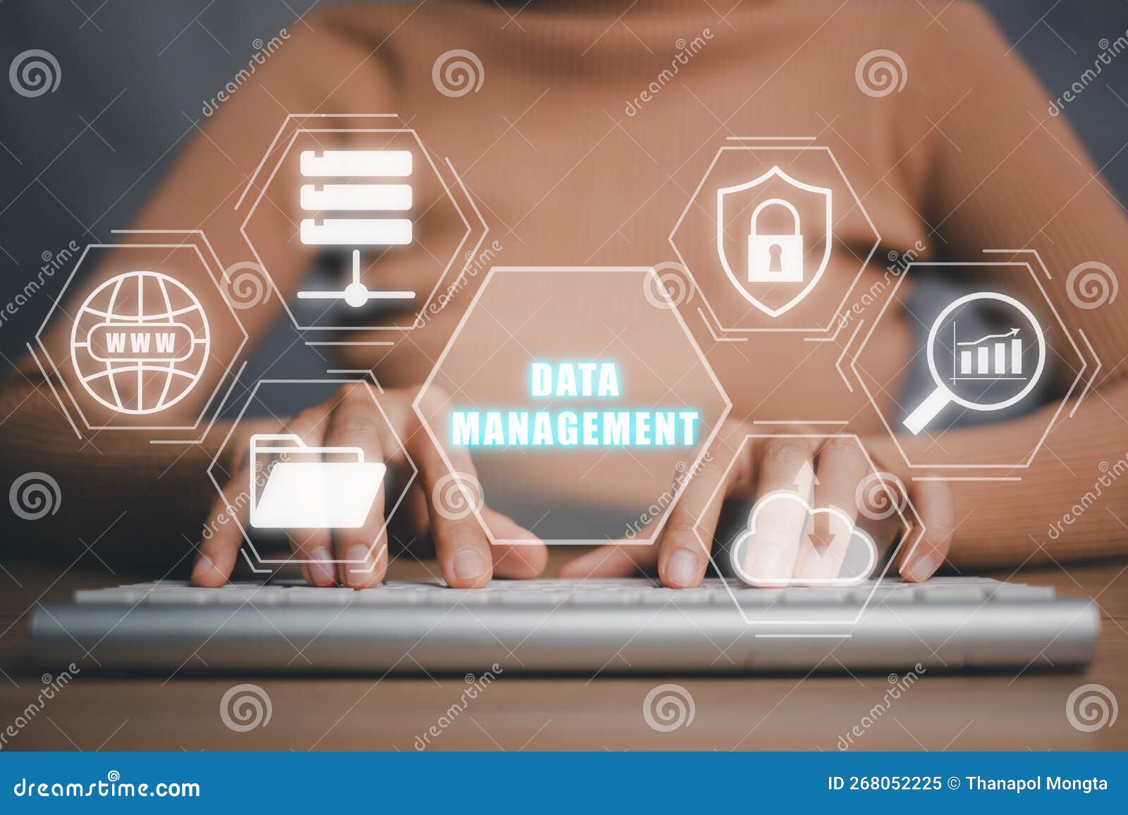 Data Management Concept, Person Hand Typing on Keyboard with Data ...