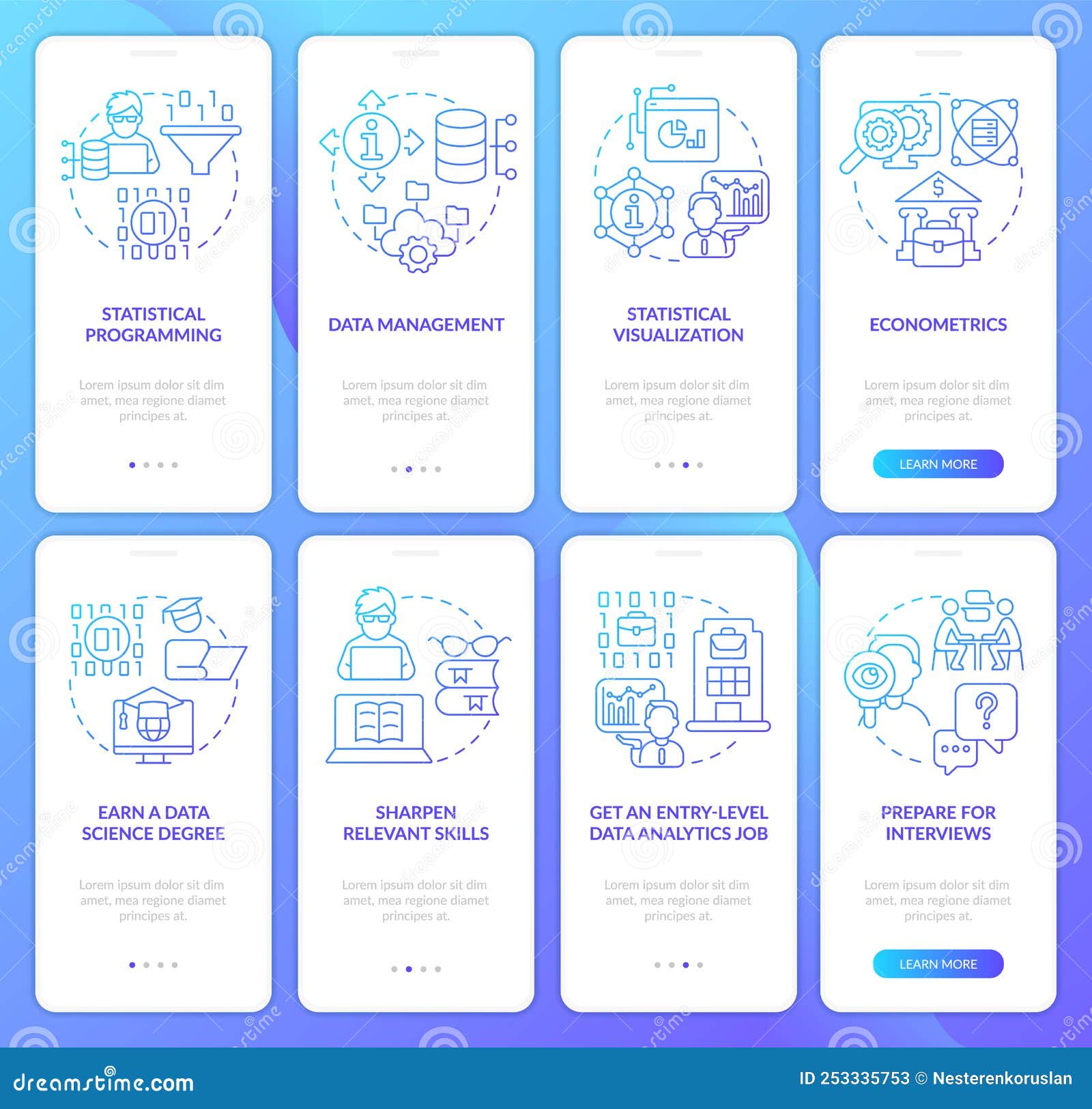 Data Management Expert Blue Gradient Onboarding Mobile App Screen Set ...