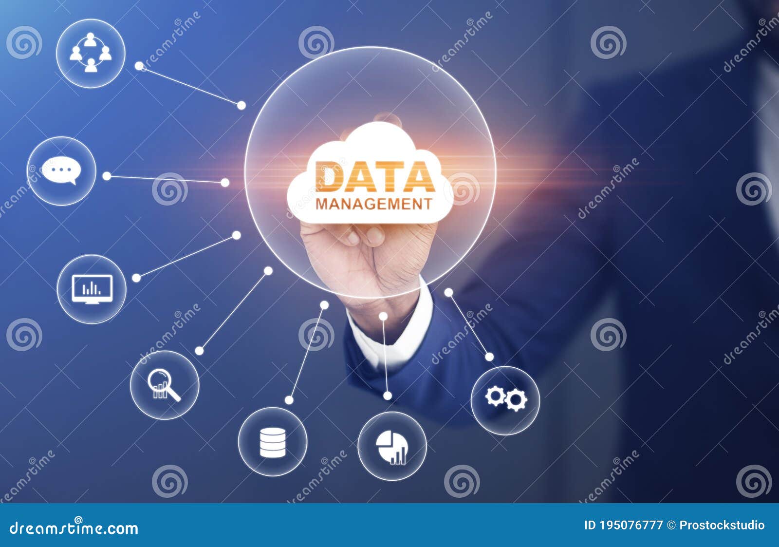 Data Management System, DMS. Businessman Pressing Data Storage Cloud on ...