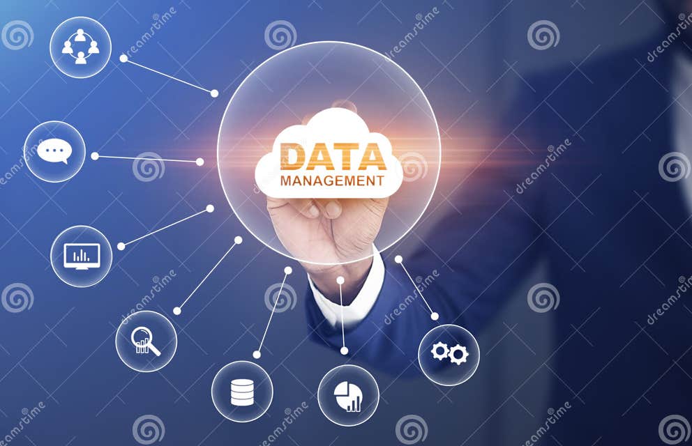 Data Management System, DMS. Businessman Pressing Data Storage Cloud on ...