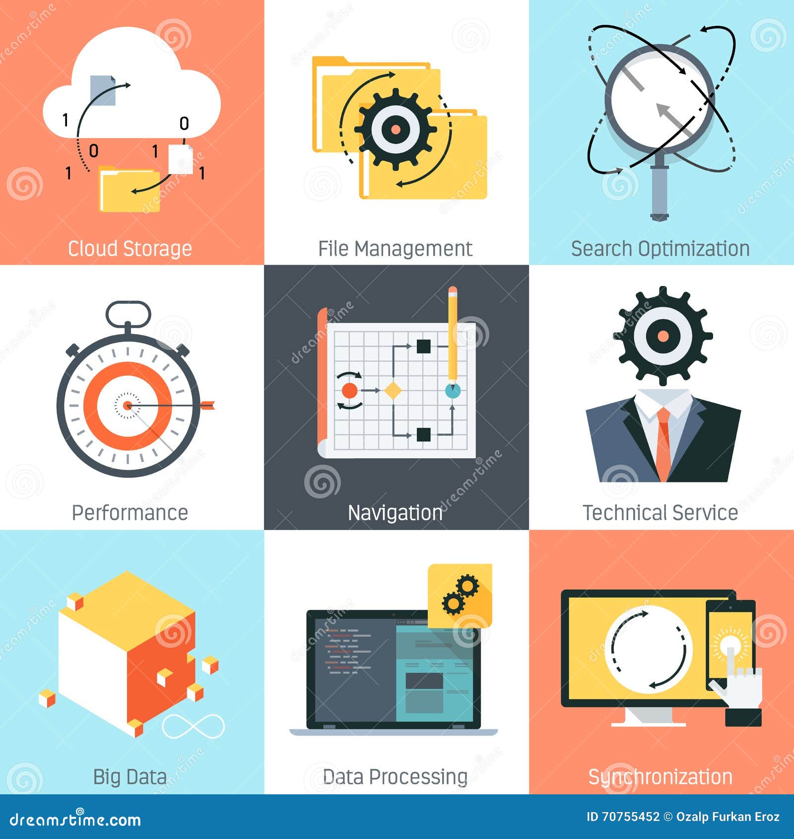 Data Management Theme, Flat Style, Colorful, Icon Set Stock ...