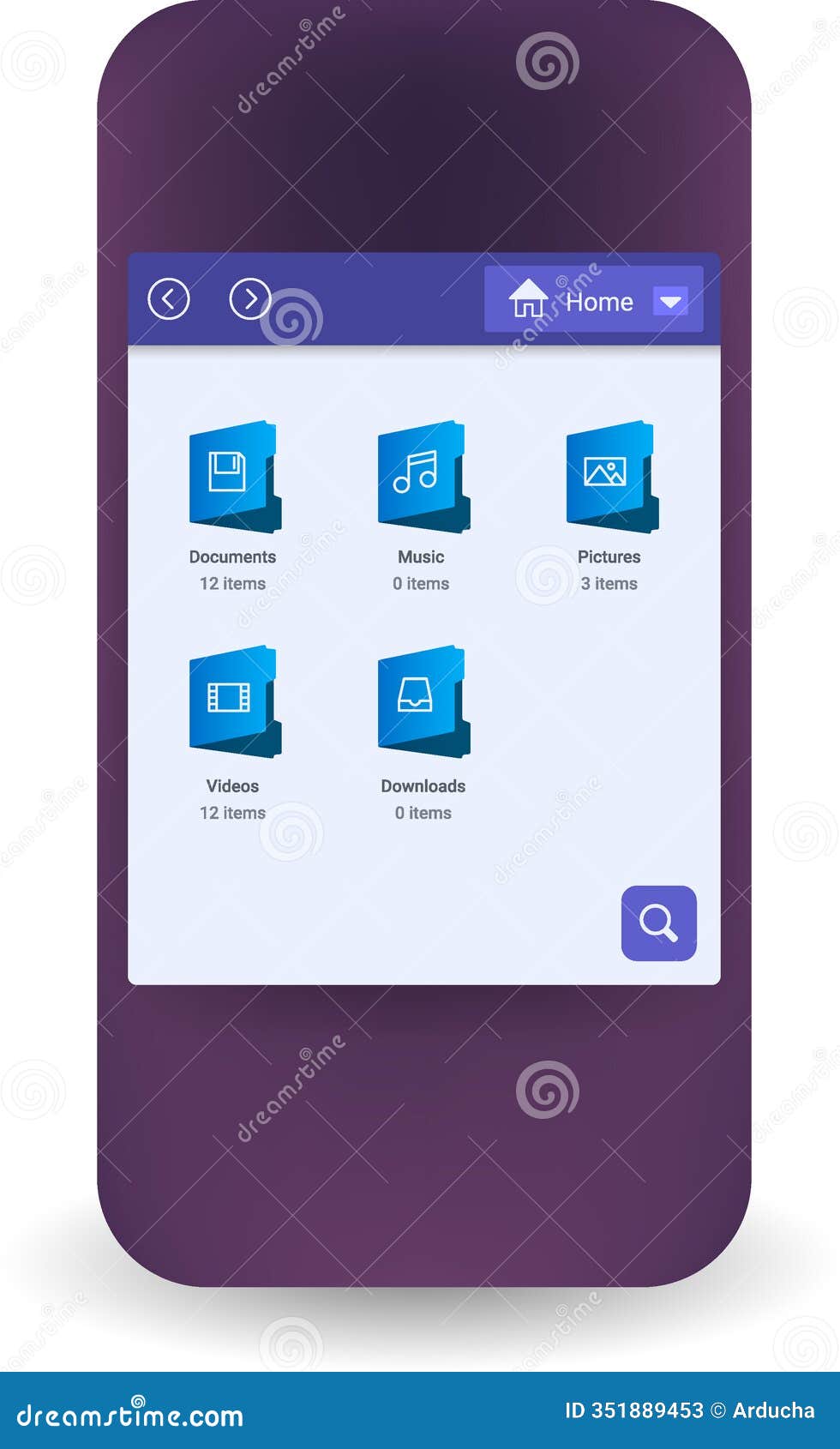 Data Manager App Interface with Folder Icons and Navigation Toolbar ...