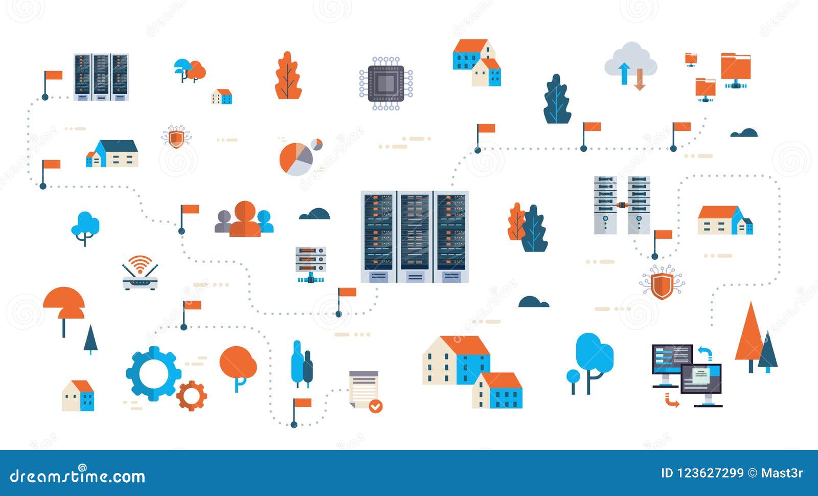 Data Network Flowchart Server Map Isometric Cloud Storage