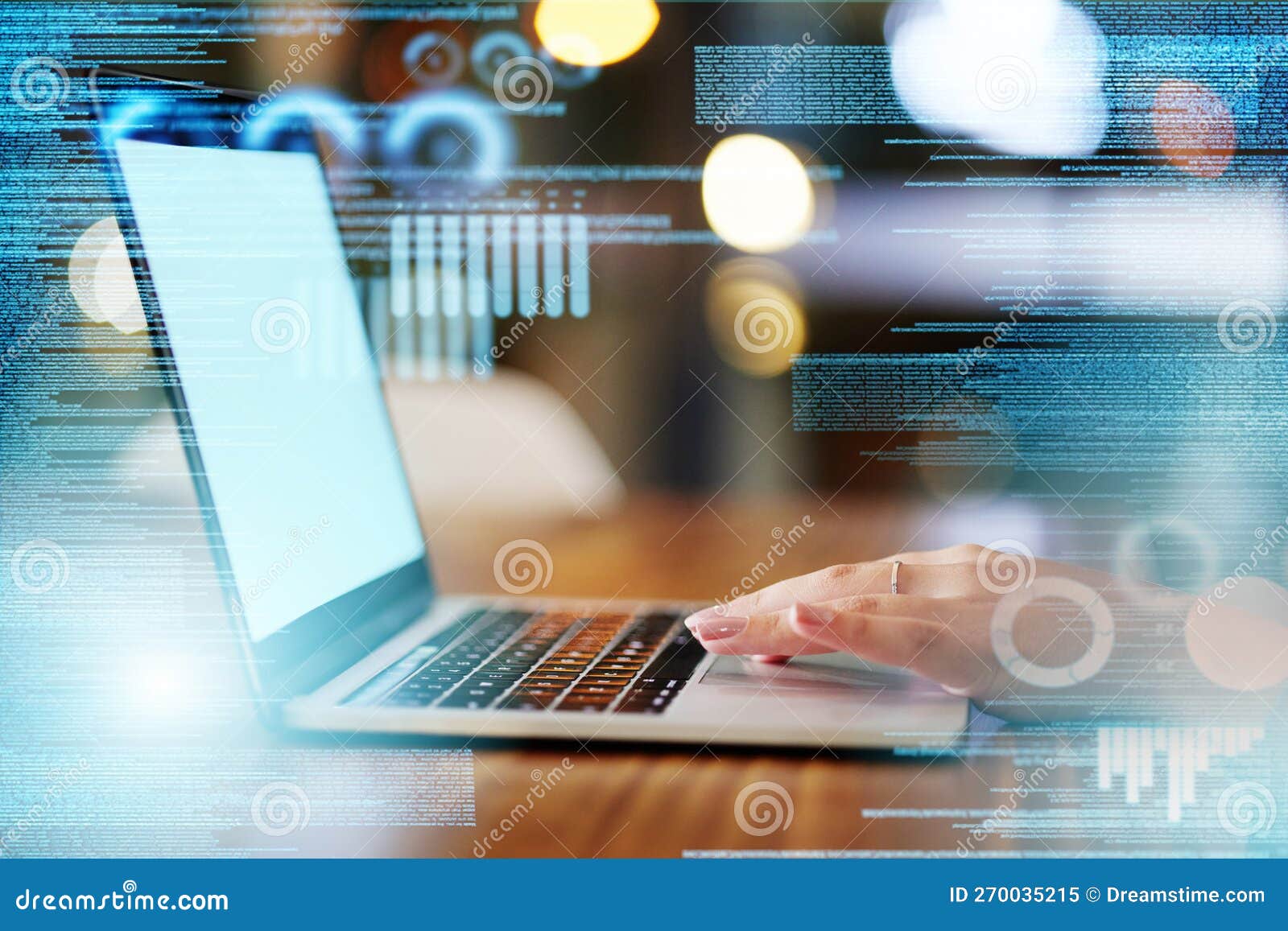 Data Overlay Coder Hands And Laptop Of A It Worker With Crypto Coding And Programmer Work