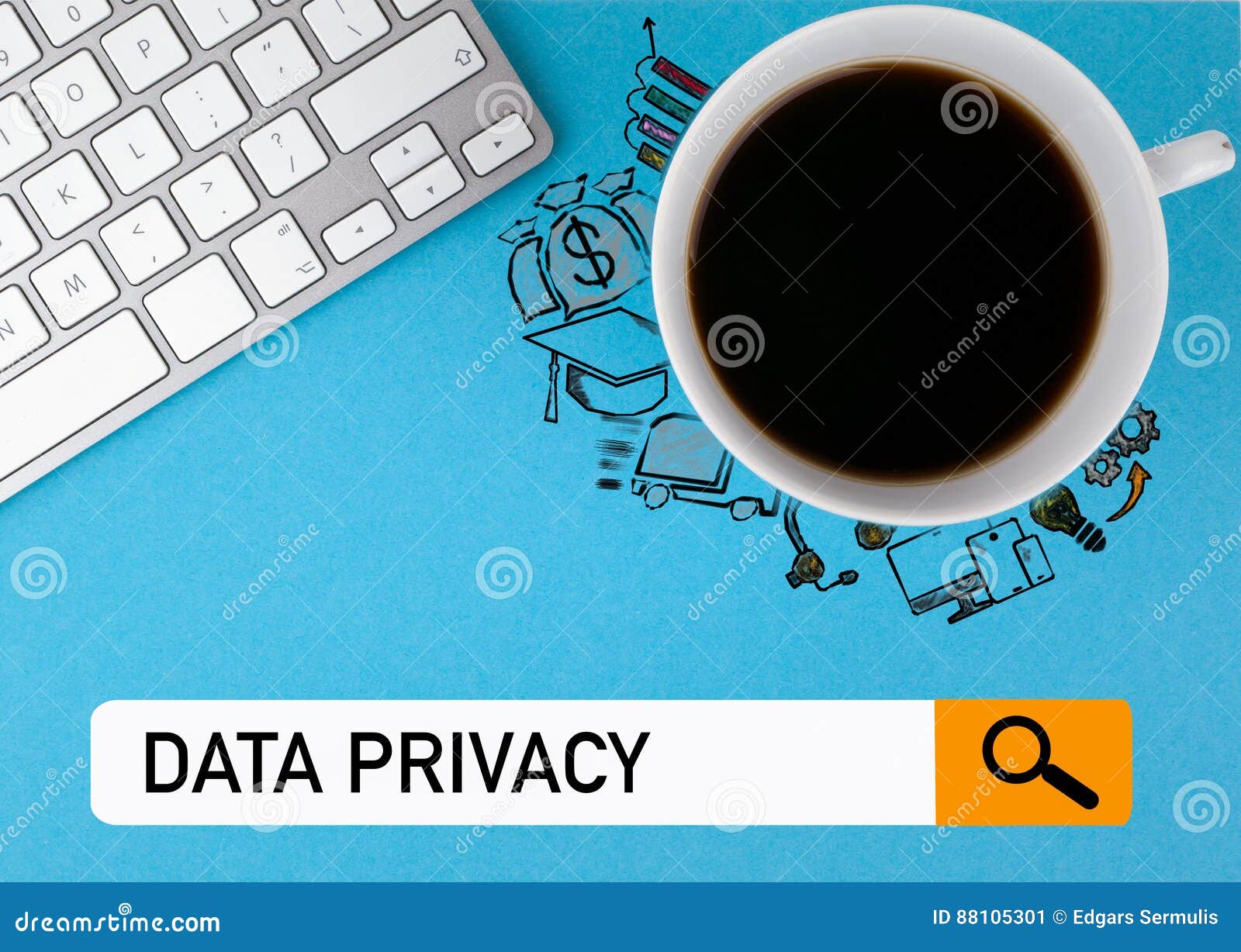 Data Privacy Concept. Coffee Mug and Computer Keyboard on a Blue ...