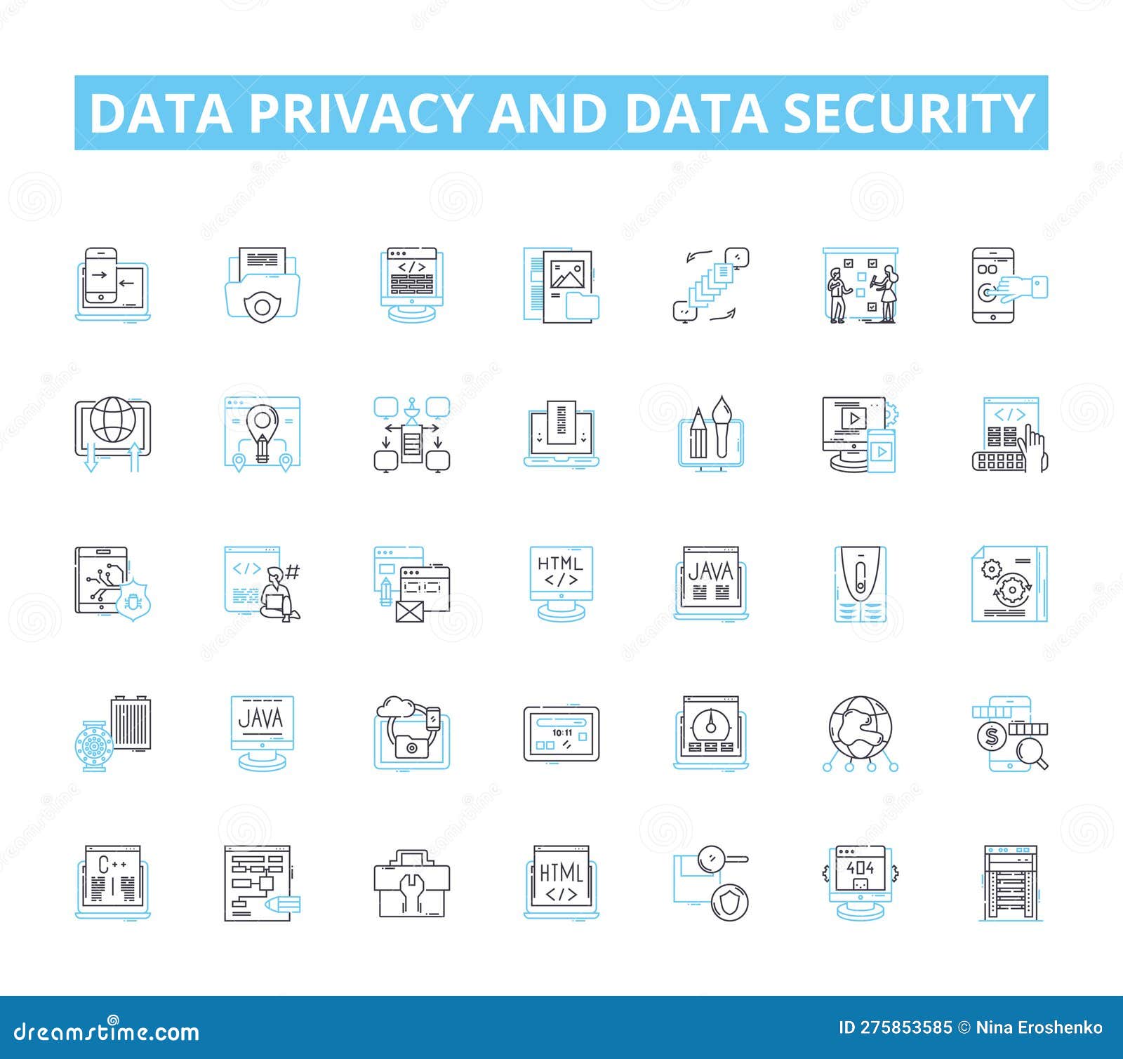 Data Privacy and Data Security Linear Icons Set. Encryption, Firewall ...