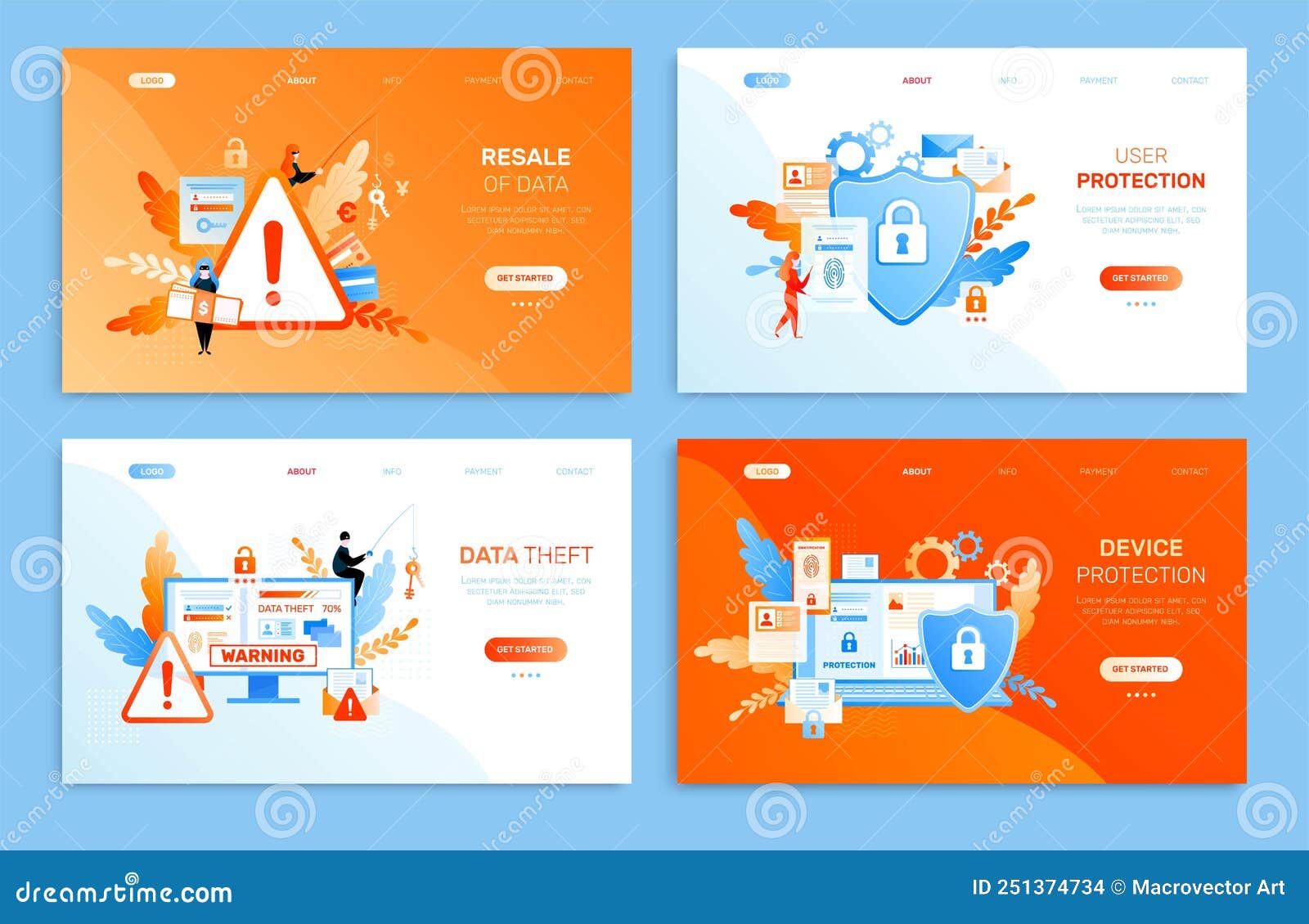 Data Privacy Web Sites Cards Flat Set of Four Horizontal Banners with ...