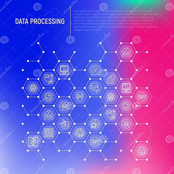 Data Processing Concept in Honeycombs with Thin Line Icons: Data Stock Illustration ...