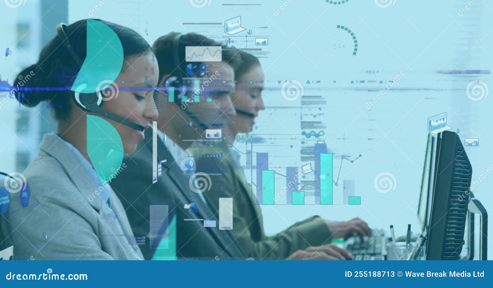 Data Processing and Graphs Appearing Over Group of Call Centre Workers ...