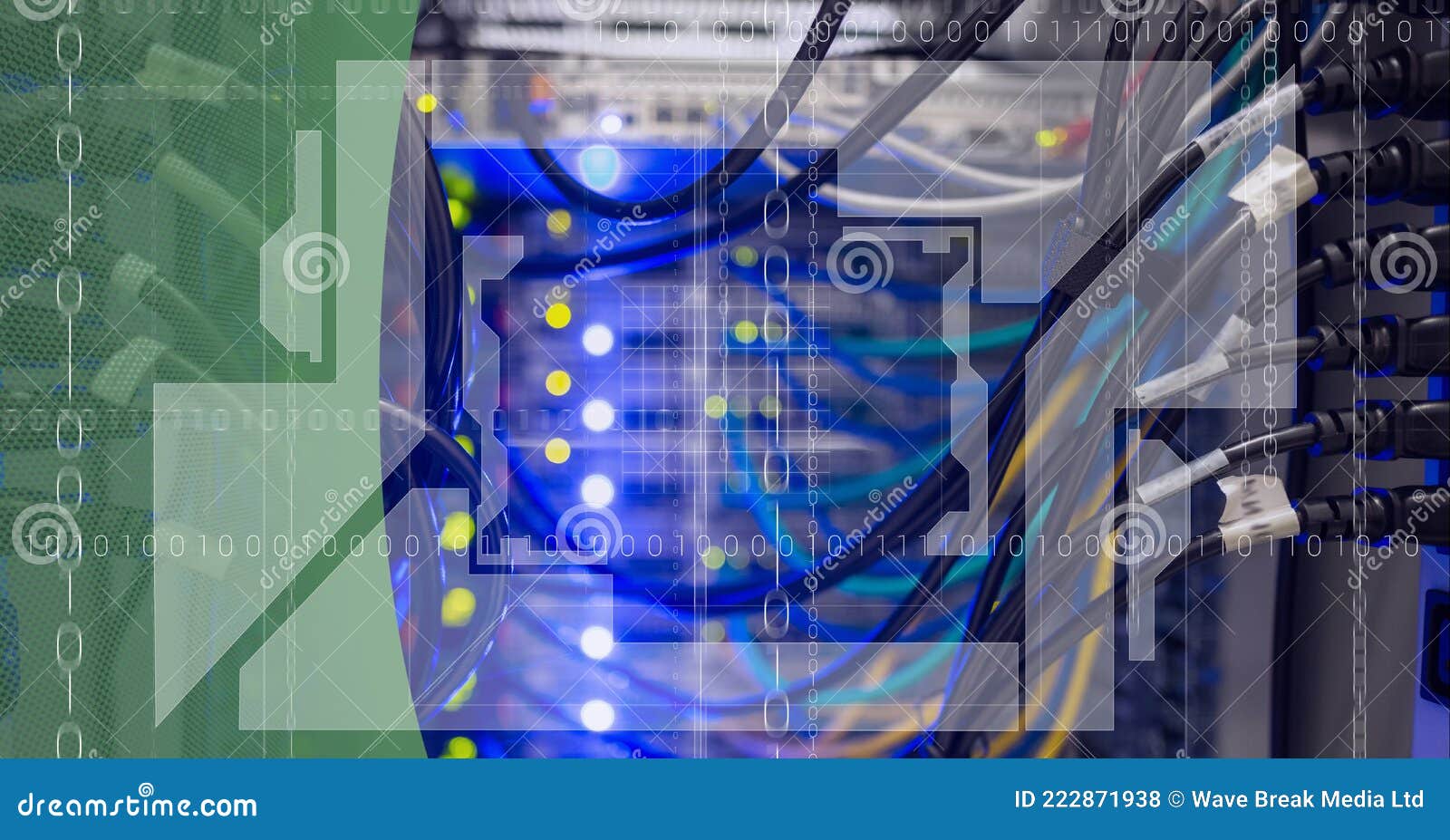 Data Processing Over Close Up View of Computer Server Against Green Technology Background Stock ...