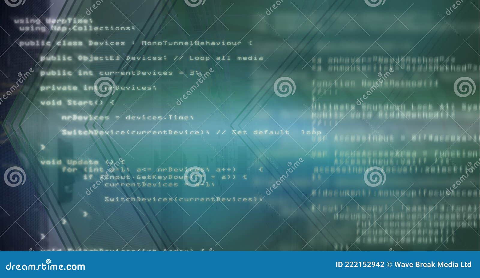 Data Processing Over Empty Computer Server Room Against Green Technology Background Stock Photo ...