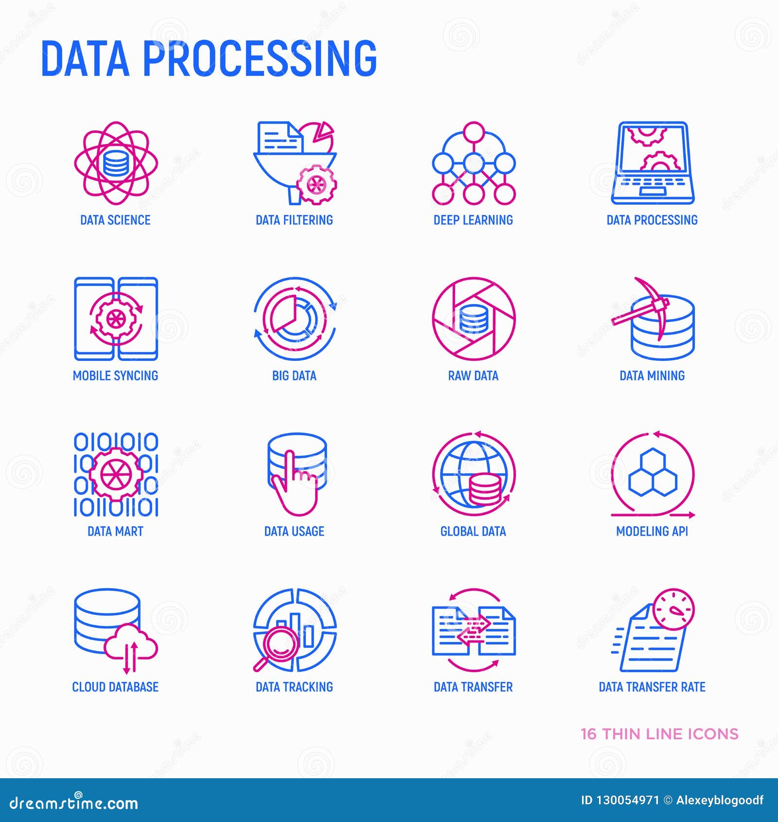 Data Processing Thin Line Icons Set Stock Vector - Illustration of ...