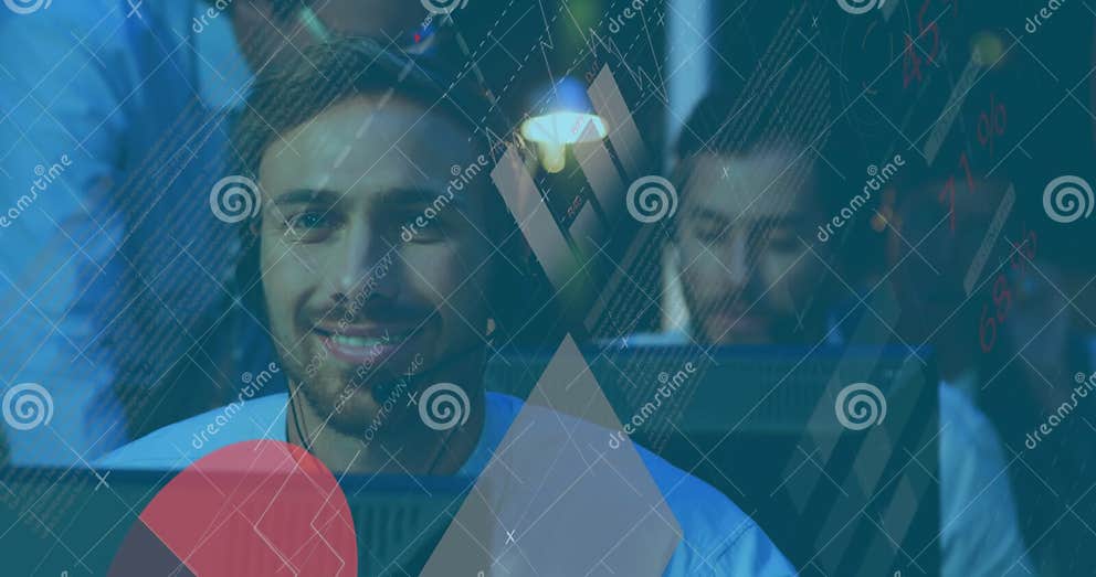 Data Processing Visuals Overlay a Diverse Call Center Team in Action ...